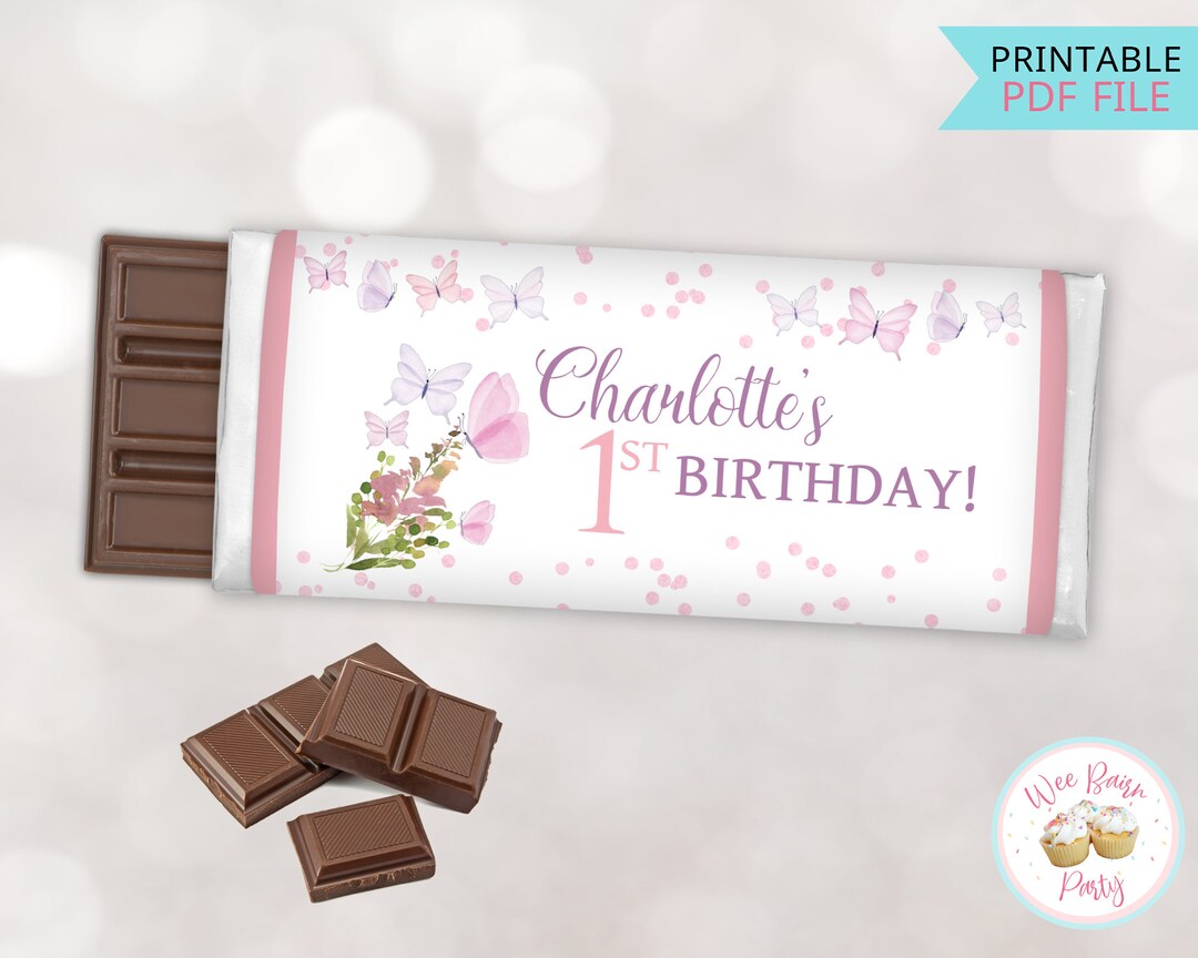 Butterfly Birthday Candy Bar Wrappers, Butterflies Chocolate Bar 1st ...