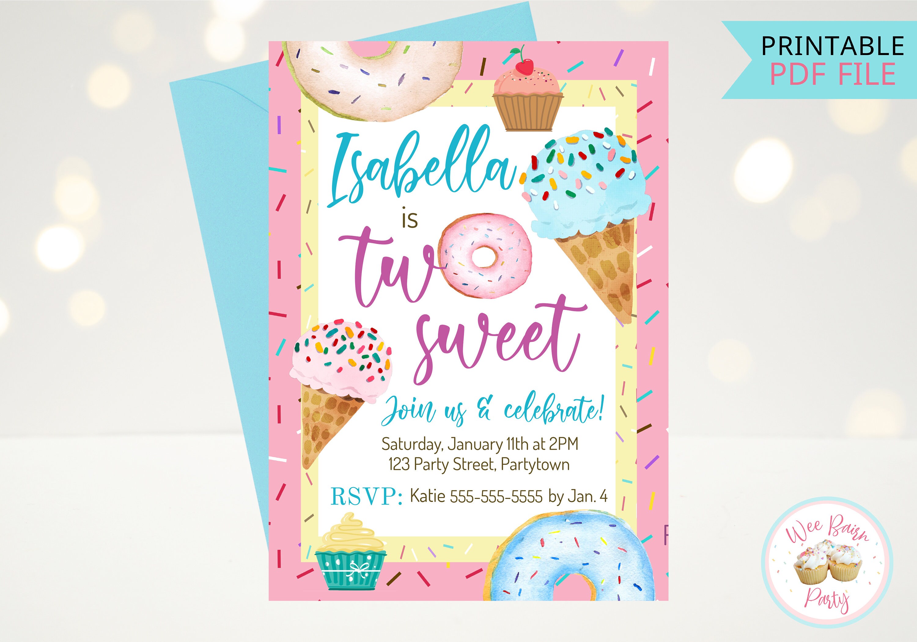 Two Sweet Birthday Invitation 2nd Birthday Party Donut Ice - Etsy