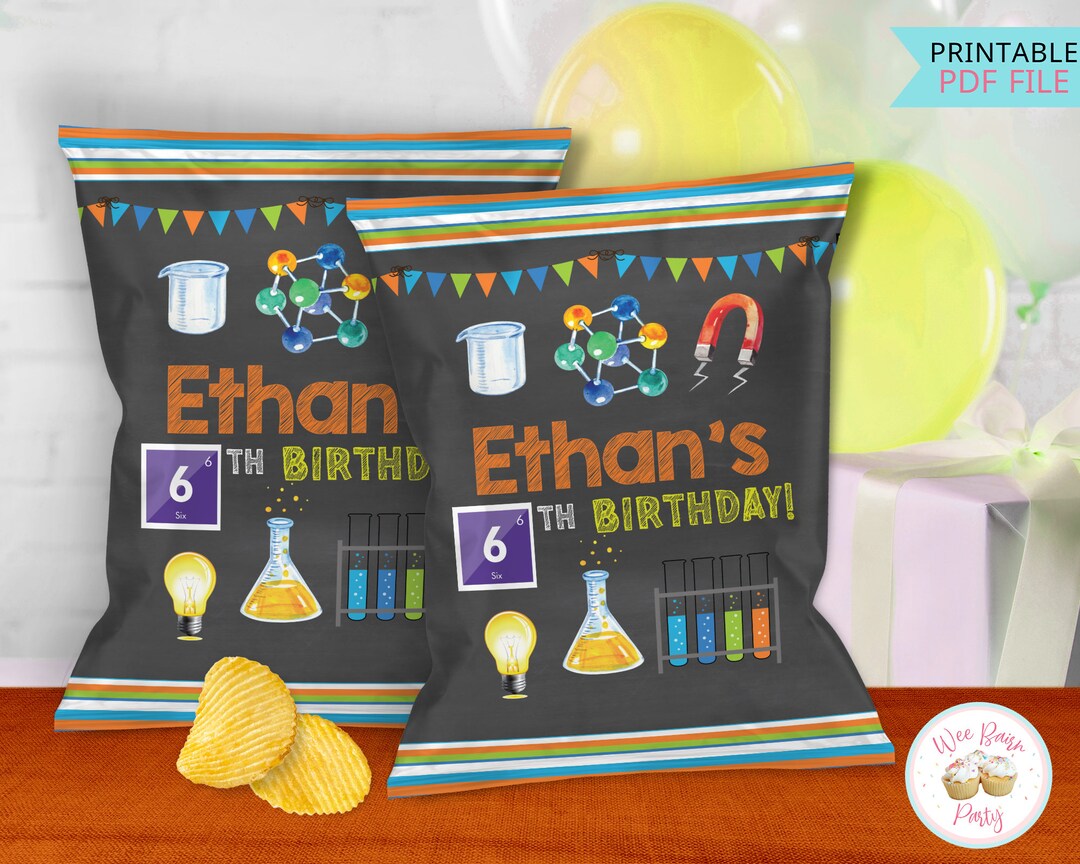 Science Party Favors Custom Chip Bags, Chemistry Birthday Printable ...