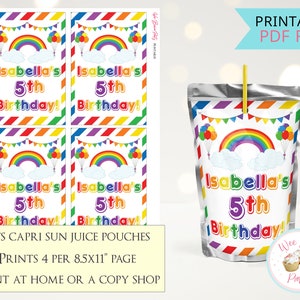 Rainbow Balloons Birthday Drink Pouches Juice Labels, Rainbow Birthday ...