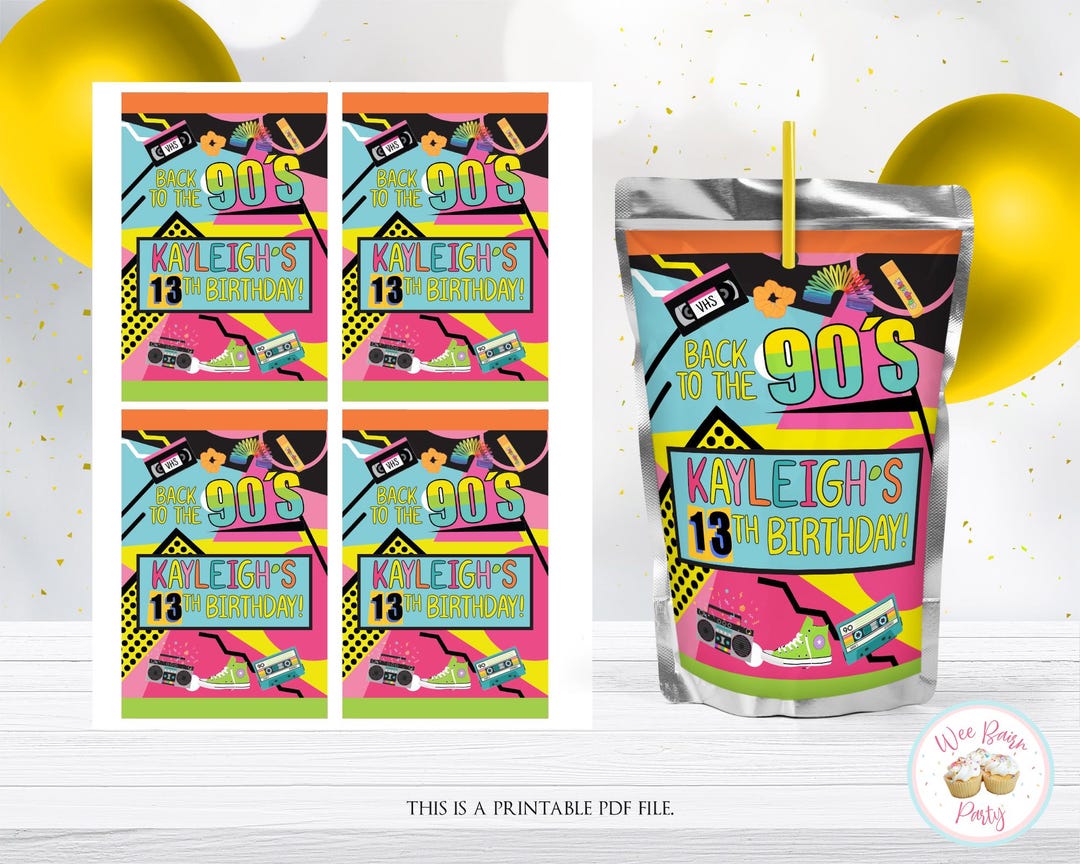 90s Party Juice Pouch Labels: Customizable Birthday Decorations (PDF ...