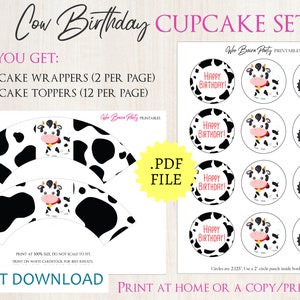 Cow Birthday Cupcake Toppers Printable Farm Animal Party Cup | Etsy