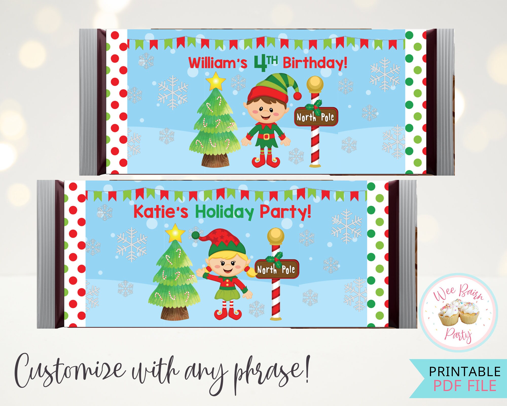 Christmas Elf Candy Bar Wrappers, Kids Christmas Chocolate Bar Birthday ...