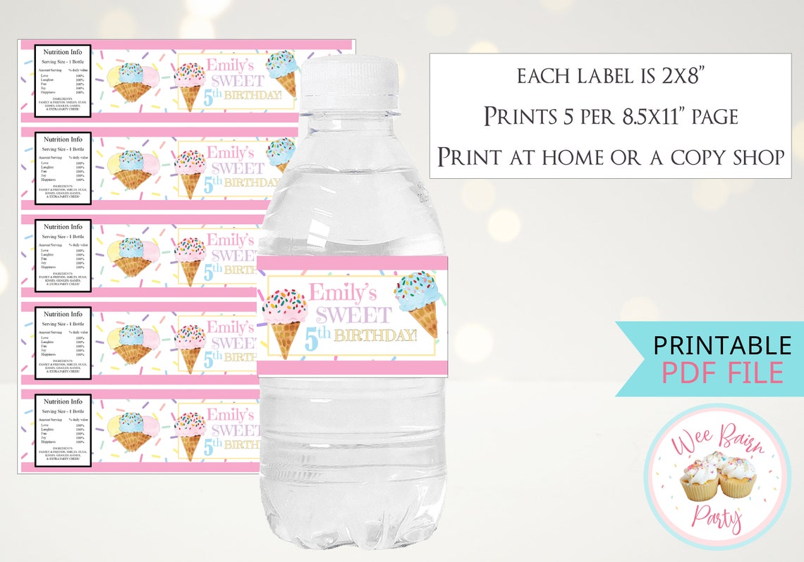 Ice Cream Themed Water Bottle Labels Ice Cream Party Water - Etsy