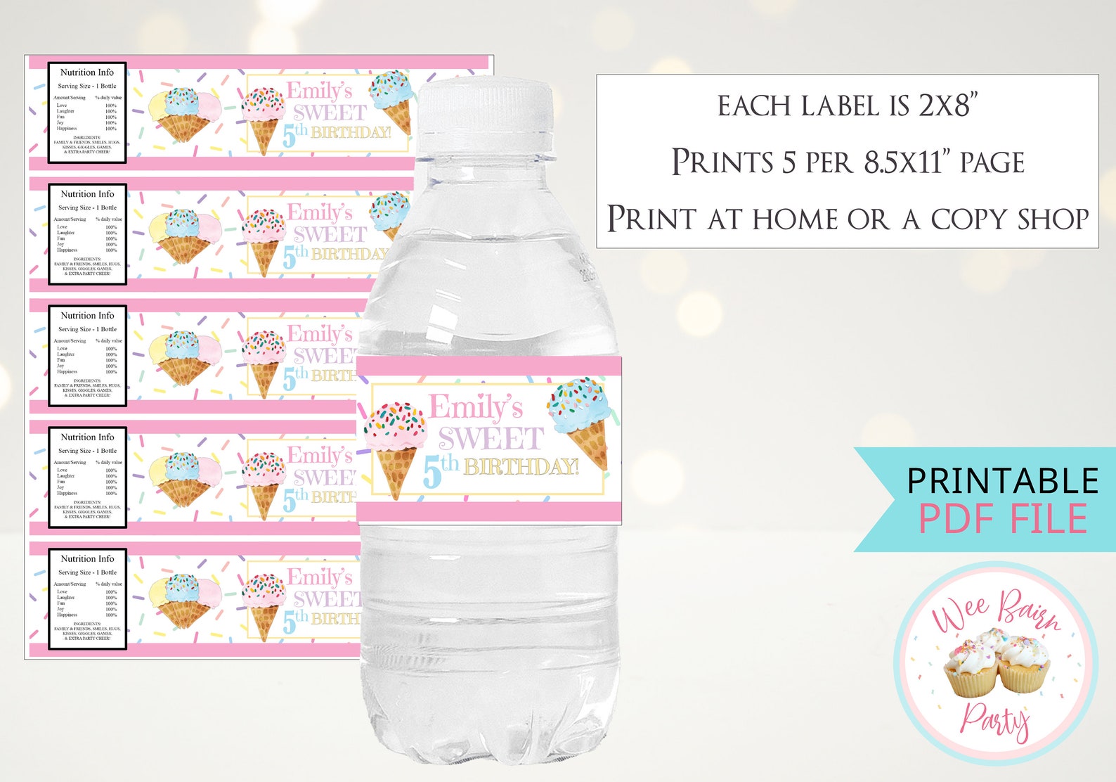 Ice Cream Themed Water Bottle Labels Ice Cream Party Water - Etsy