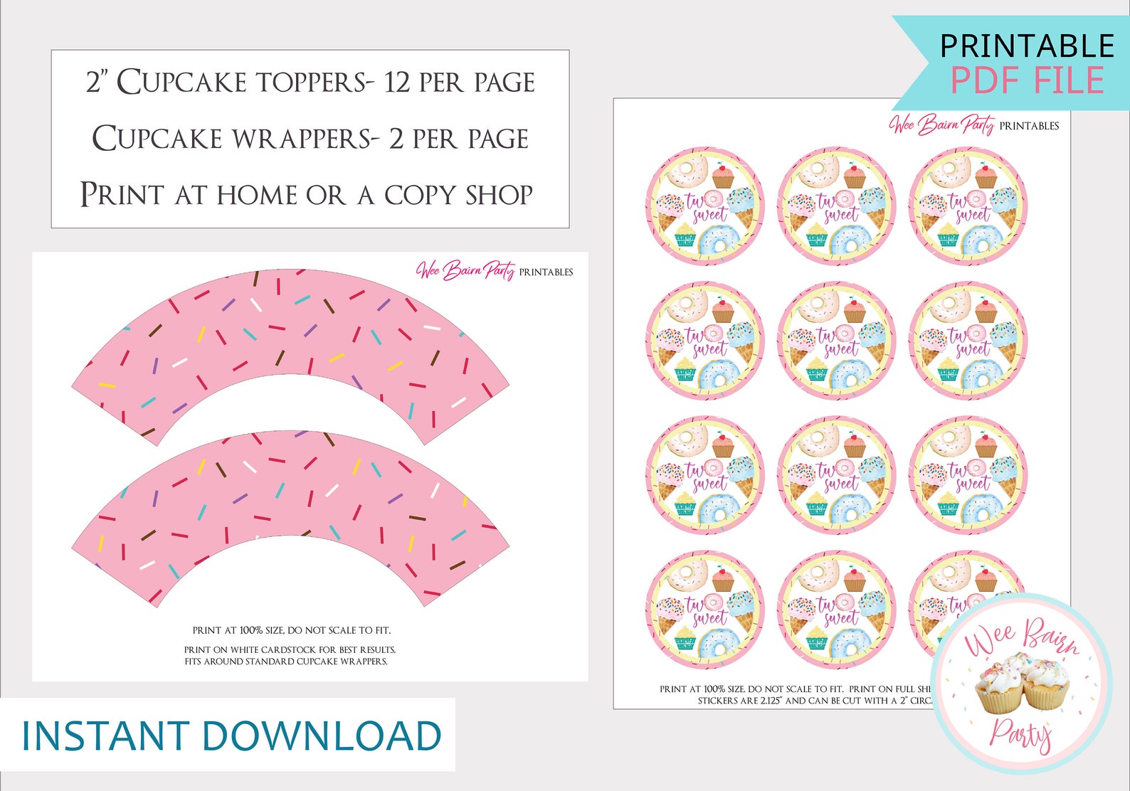 Two Sweet Birthday Cupcake Wrappers & Cupcake Toppers, 2 Year Old ...