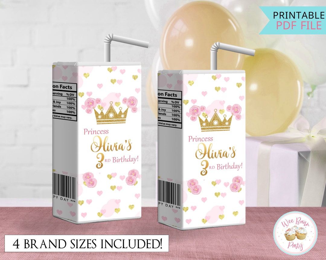 Pink Princess Birthday Juice Box Sticker Princess Party Juice Labels ...