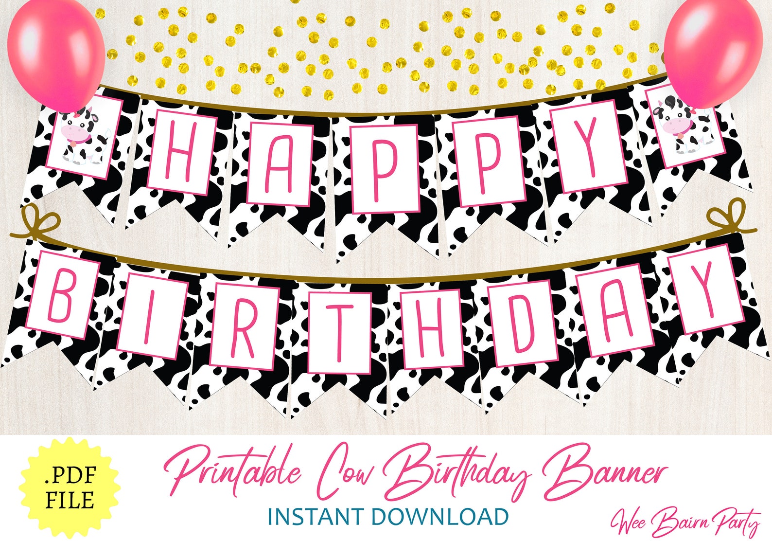 Cow Print Happy Birthday Banner Printable Cow Birthday Decor | Etsy