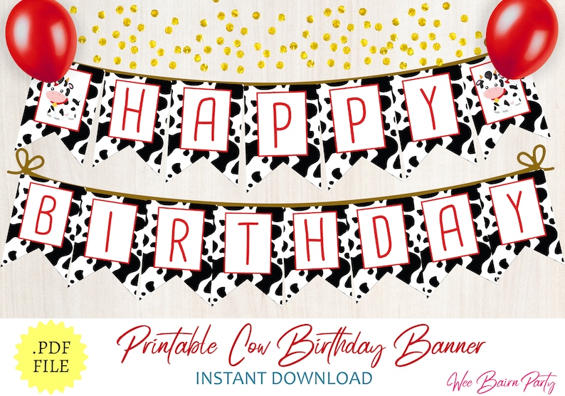 Cow Print Happy Birthday Banner Printable Cow Birthday Decor | Etsy