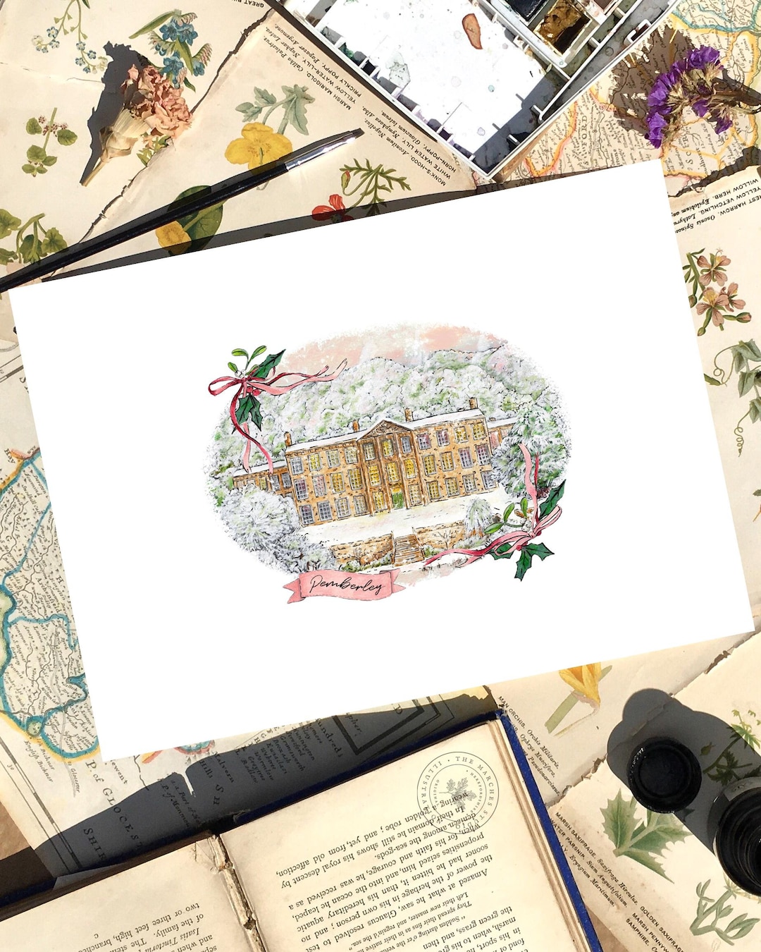 Pemberley Mini Print | Wintery Watercolour Illustration of Mr Darcy's ...