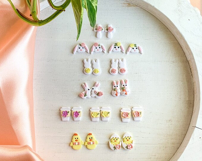 Easter /spring Polymer Clay Studs . Bunny Head, Floral Rabbit Cross ...