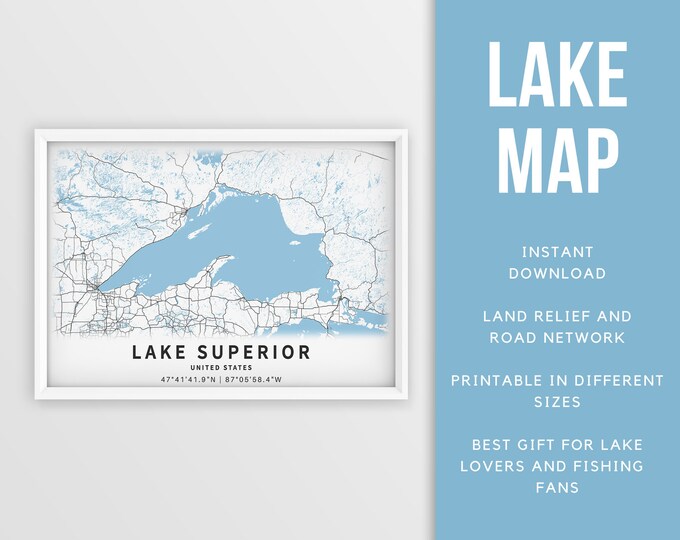 Lake Superior Printable Map Art, Lake Superior Michigan Map Art, Lake ...