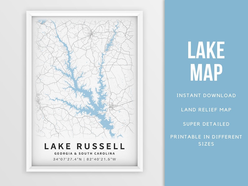 Printable Map of Lake Russell Georgia and South Carolina - Etsy