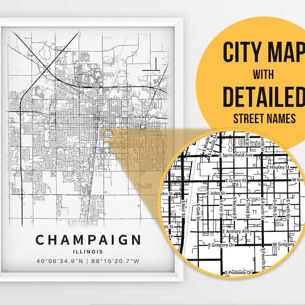 Map of Champaign Illinois - Etsy