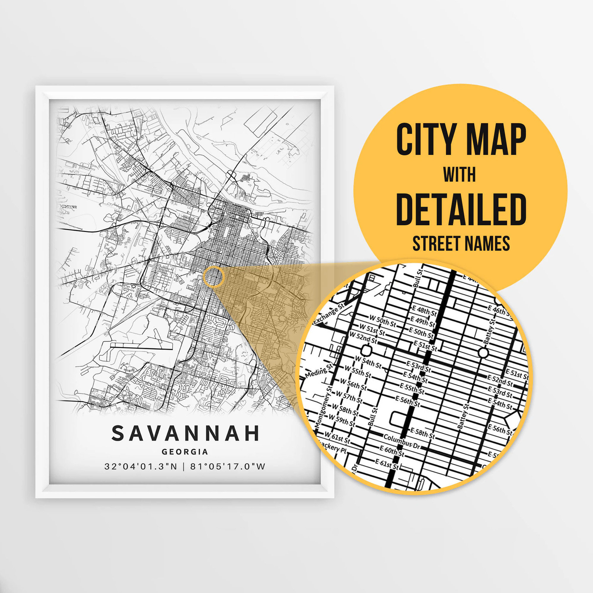 Printable Map of Savannah, Georgia, USA With Street Names - Instant ...