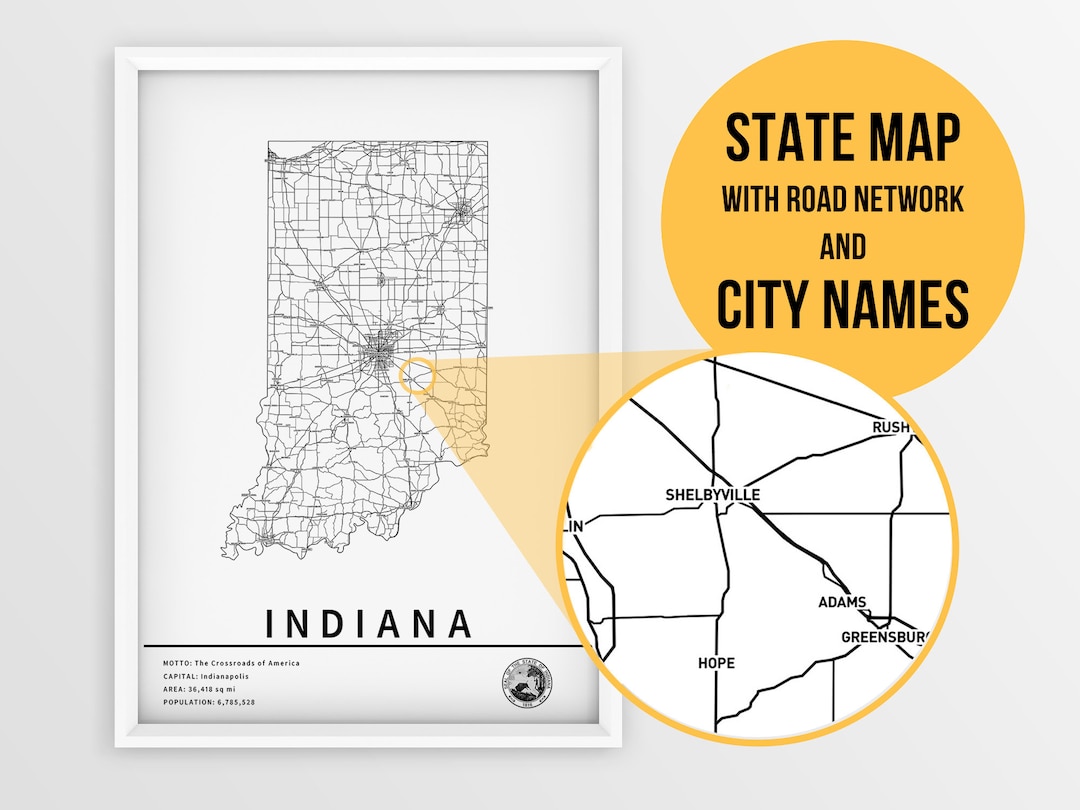 Printable Map of Indiana United States With City Names - Etsy Canada
