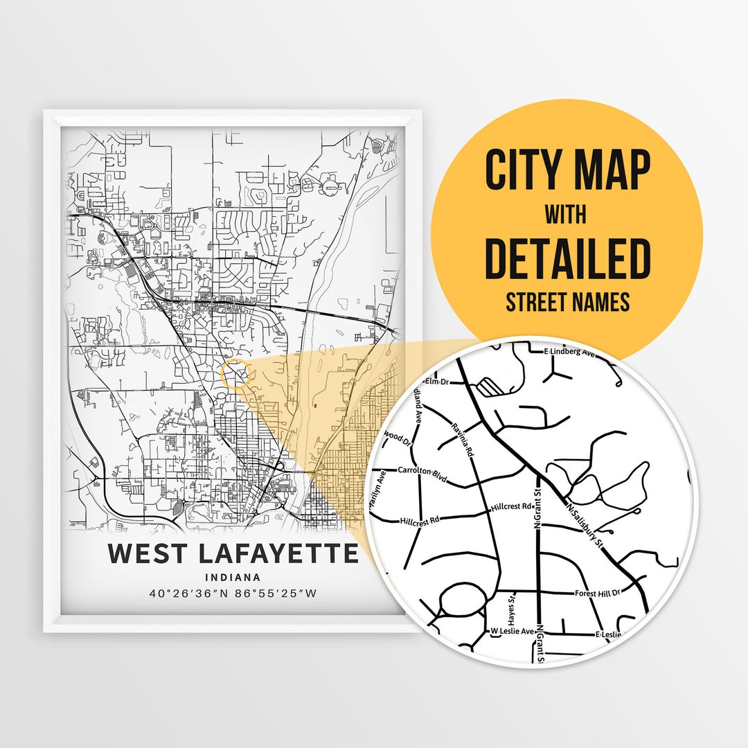 Printable Map of West Lafayette, Indiana, USA With Street Names - Instant Download \ City Map ...