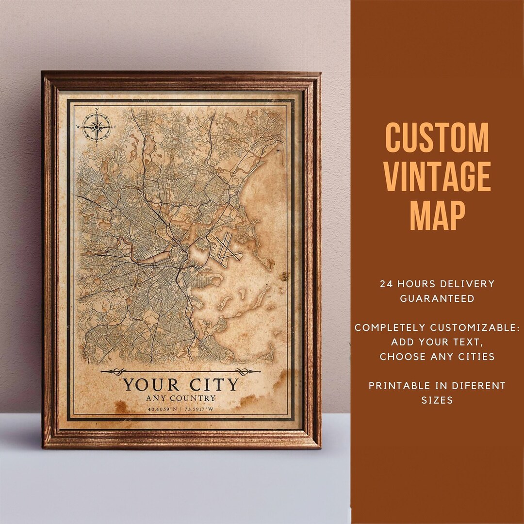 Custom Vintage Style Map of Your City, Any Town- Digital Download ...