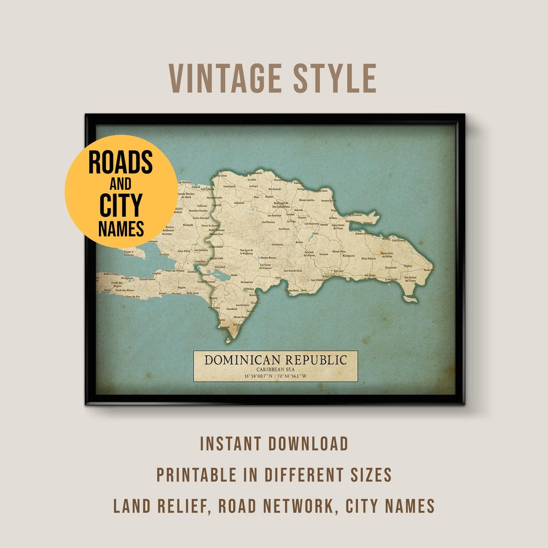 Dominican Republic Vintage Style Map: Roads and City Names, Printable ...