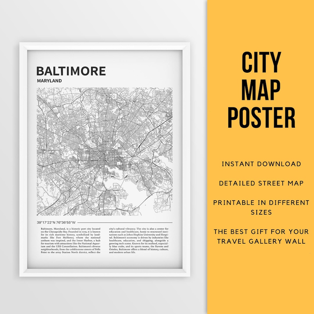Baltimore, Maryland, USA Printable Map Poster Instant Download Street ...