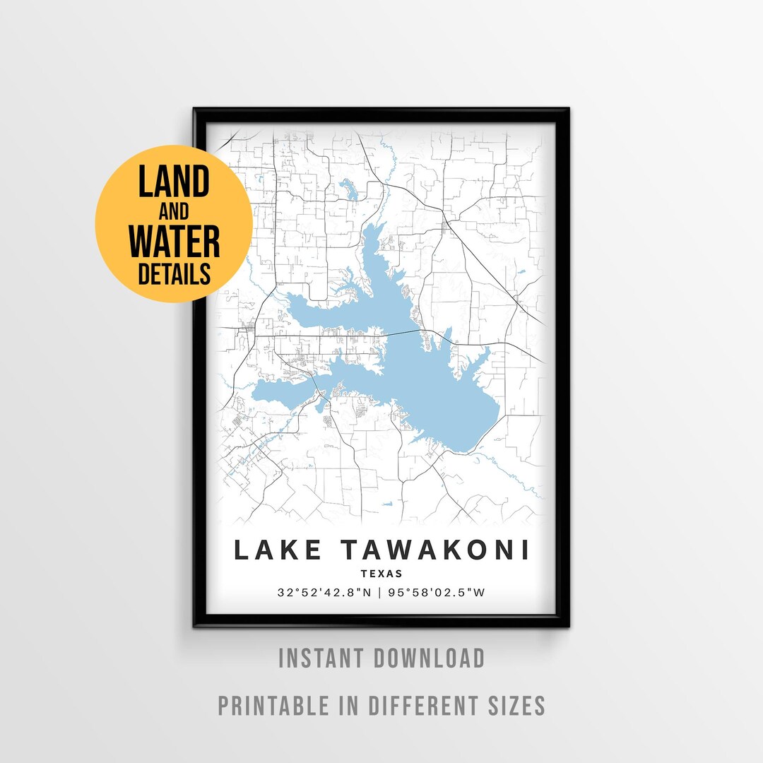 Lake Tawakoni Map Poster, Printable Texas Lake House Decor (instant ...