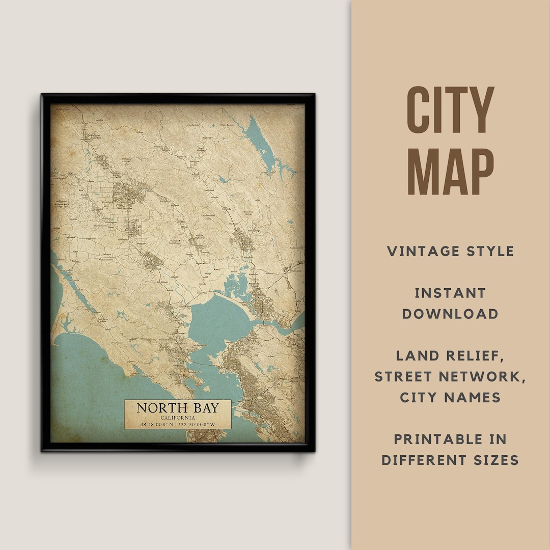 Vintage Style Map of North Bay, California, USA With City Names Instant ...
