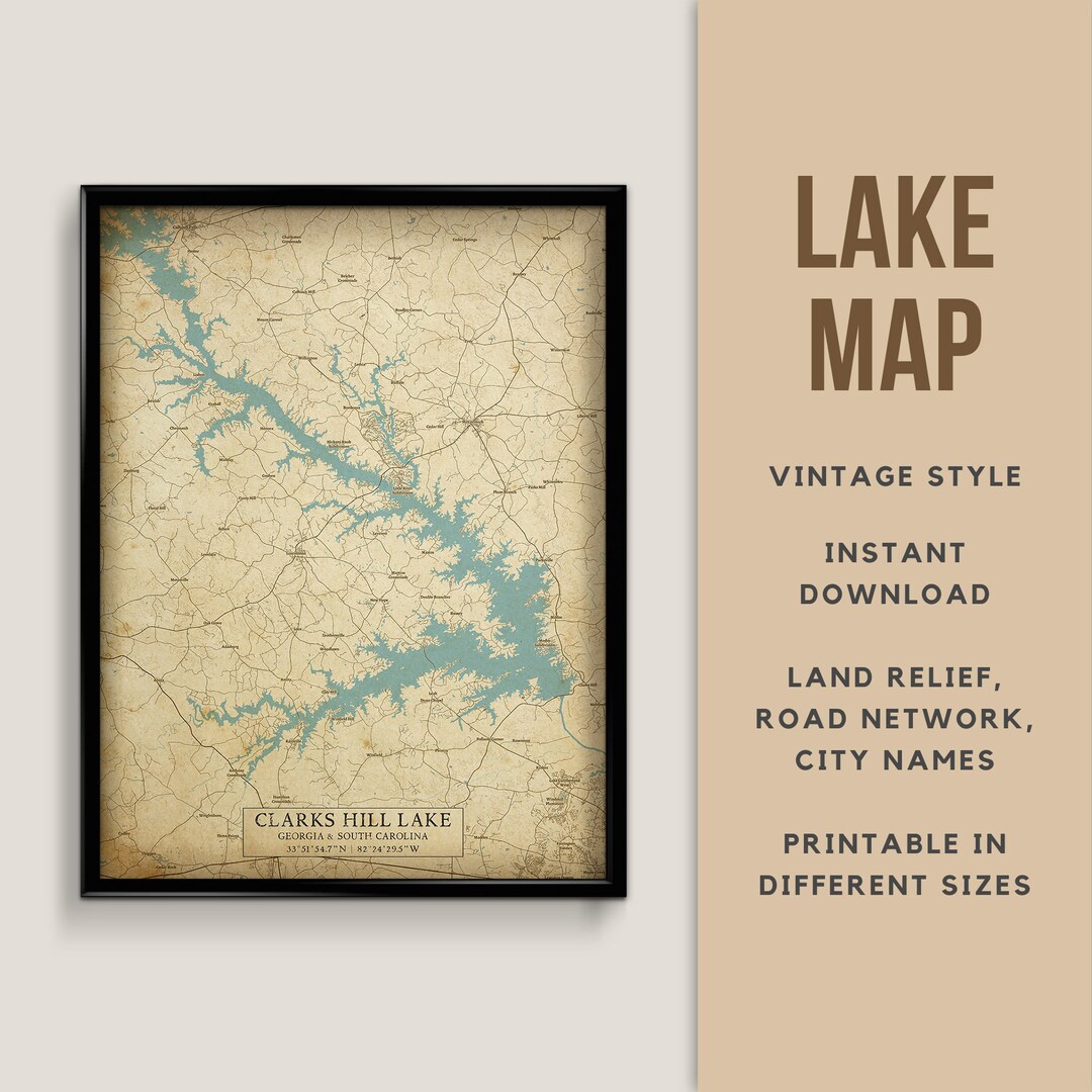 Vintage Style Map of Clarks Hill Lake, Georgia and South Carolina USA ...