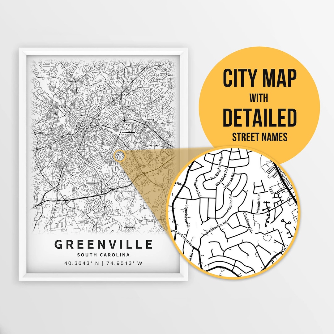 Printable Map of Greenville, South Carolina, USA With Street Names ...