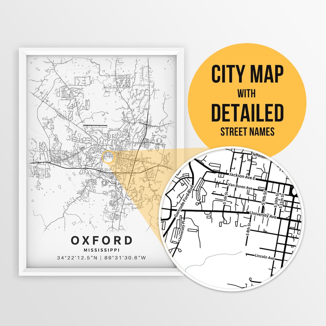 Printable Map Oxford, Mississippi, USA With Street Names - Instant ...