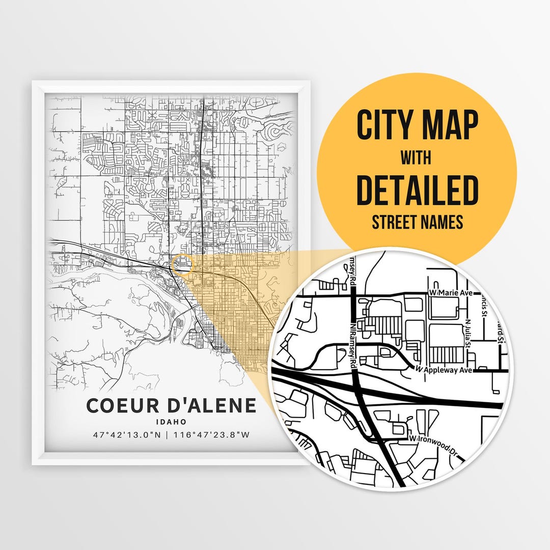 Printable Map of Coeur D'alene, Idaho, USA With Street Names - Instant ...