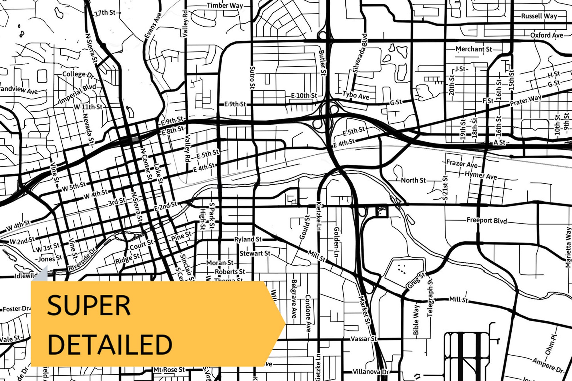 Printable Map of Reno, Nevada, USA With Street Names - Instant Download ...