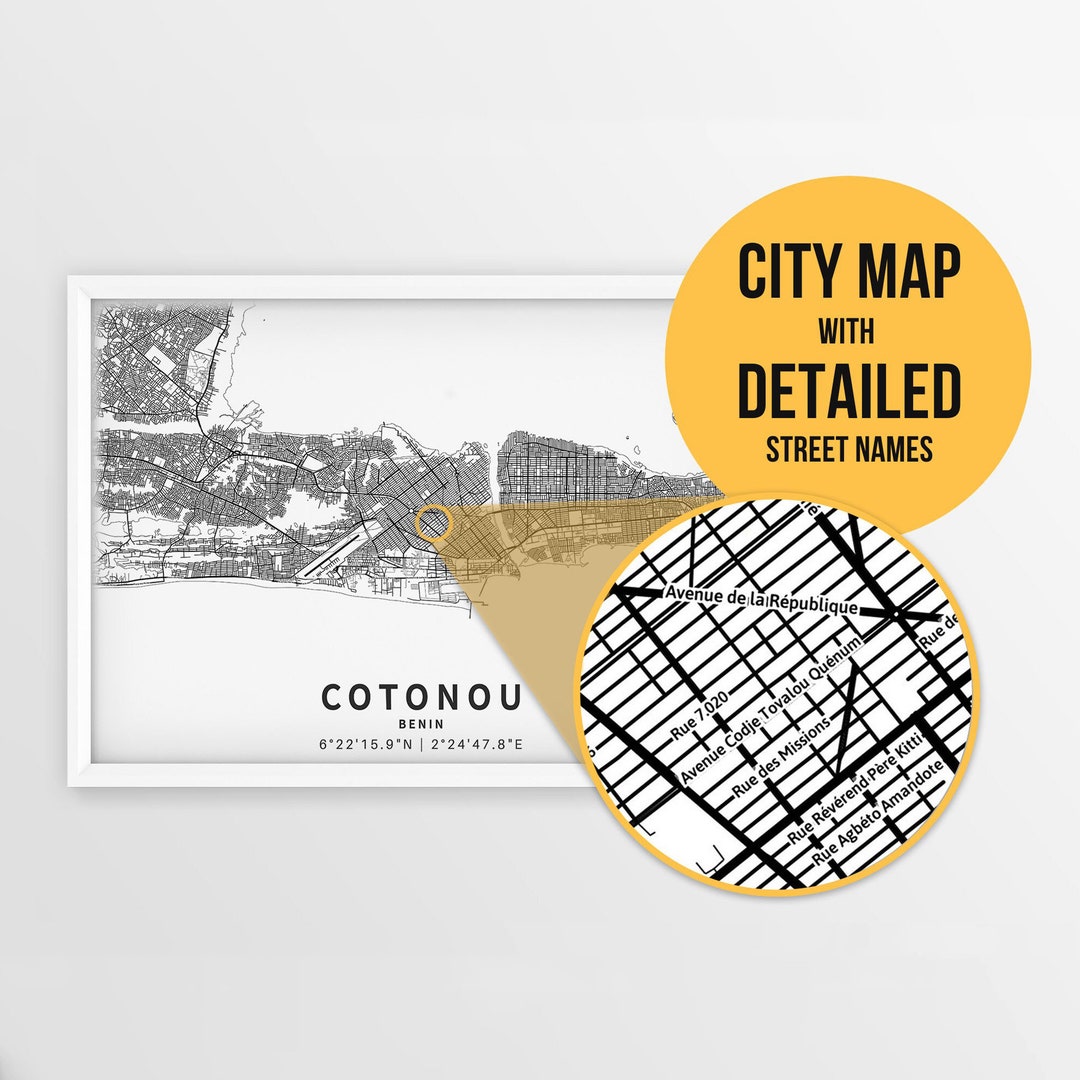 Printable Map of Cotonou, Benin With Street Names - Instant Download ...
