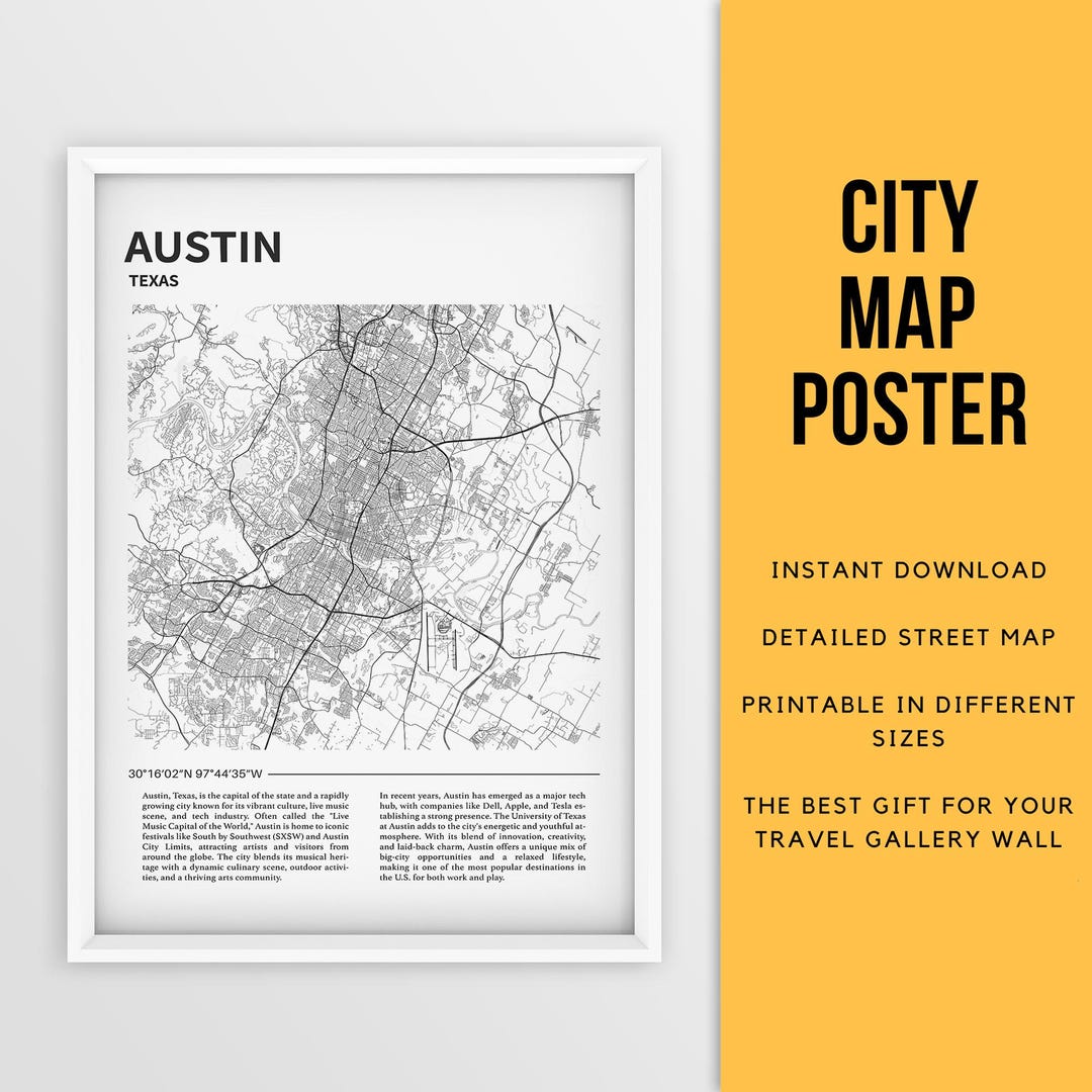 Austin, Texas, USA Printable Map Poster Instant Download Street Map ...