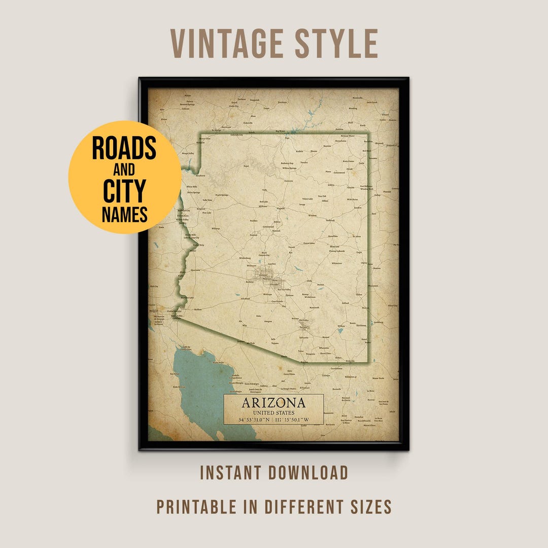 Arizona Vintage Style Map With Roads and City Names, Printable Poster ...