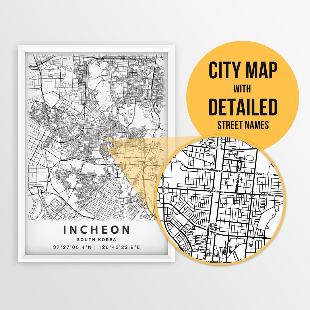 Printable Map of Incheon, South Korea With Street Names Instant ...