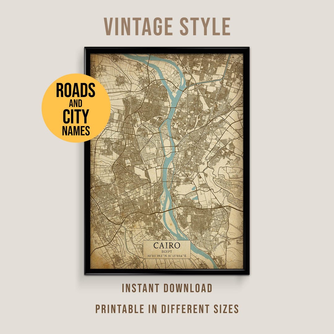 Cairo, Egypt Vintage Style Map, Printable Cairo City Poster (instant ...