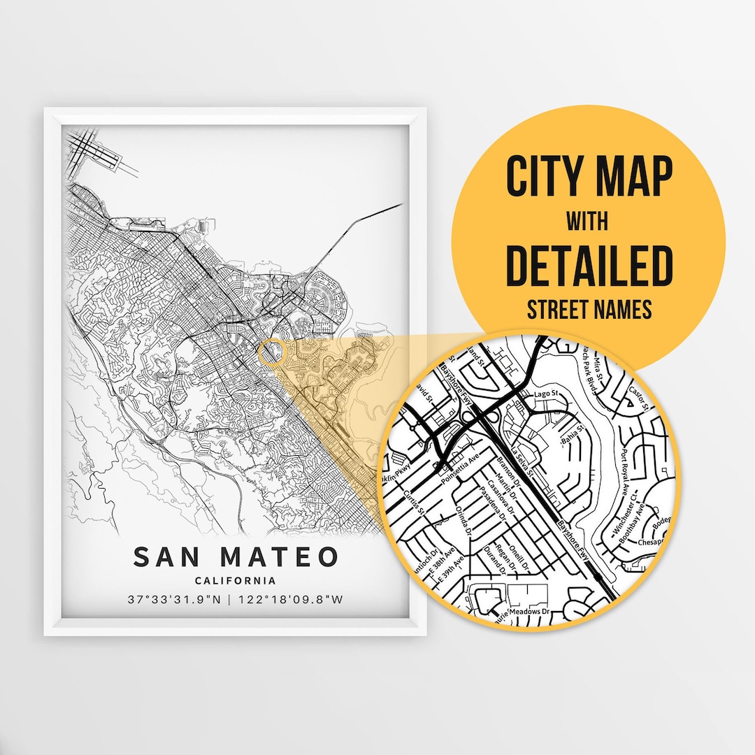 Printable Map of San Mateo, California, USA With Street Names - Instant ...