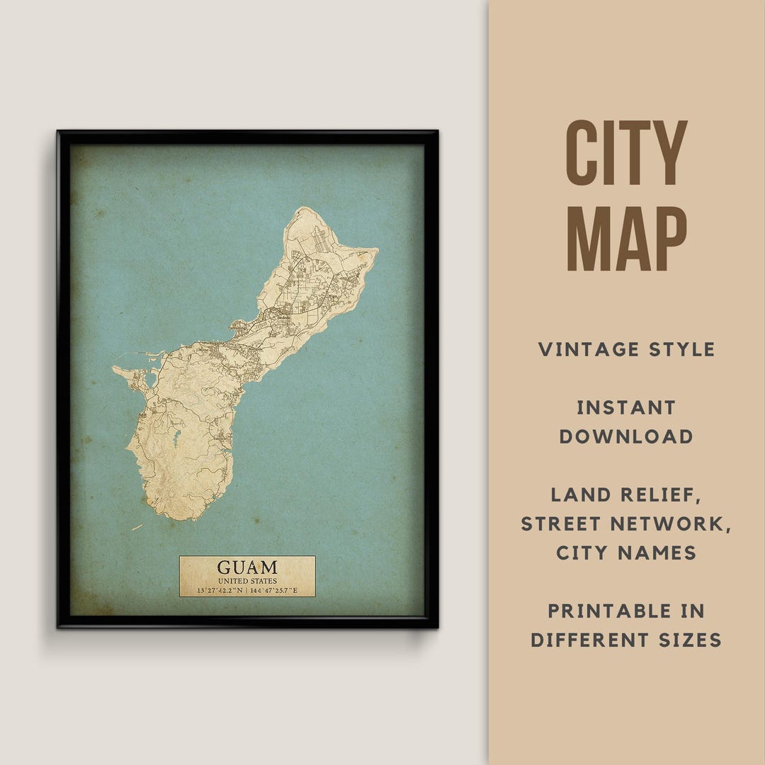 Printable Vintage Style Map of Guam, USA Instant Download Street Map ...