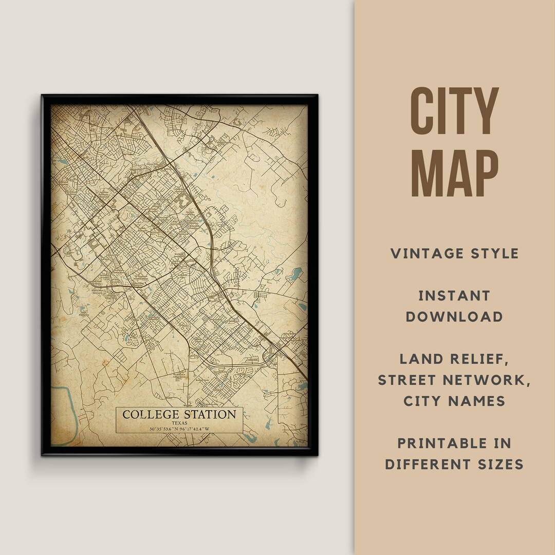 Printable Vintage Style Map of College Station, Texas, USA - Instant ...