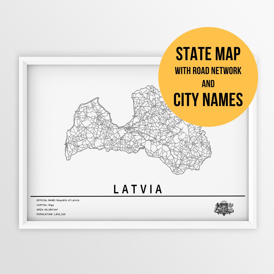 Printable Map of Latvia With City Names and Roads - Instant Download ...
