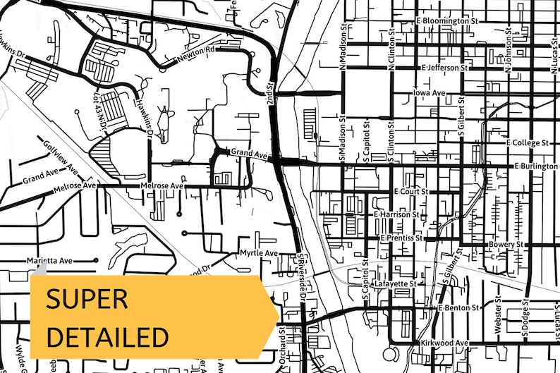 Printable Map of Iowa City, Iowa, USA With Street Names - Instant ...