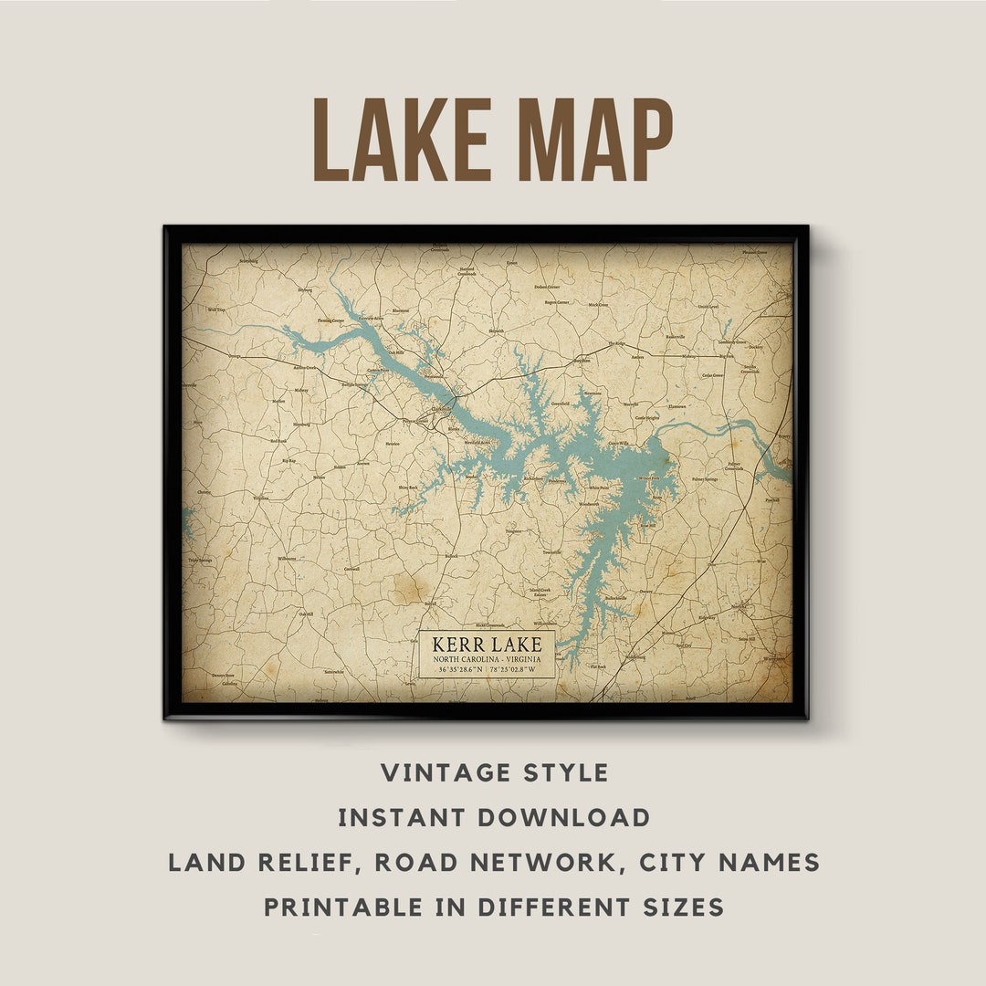 Vintage Style Map of Kerr Lake, North Carolina, USA With City Names ...