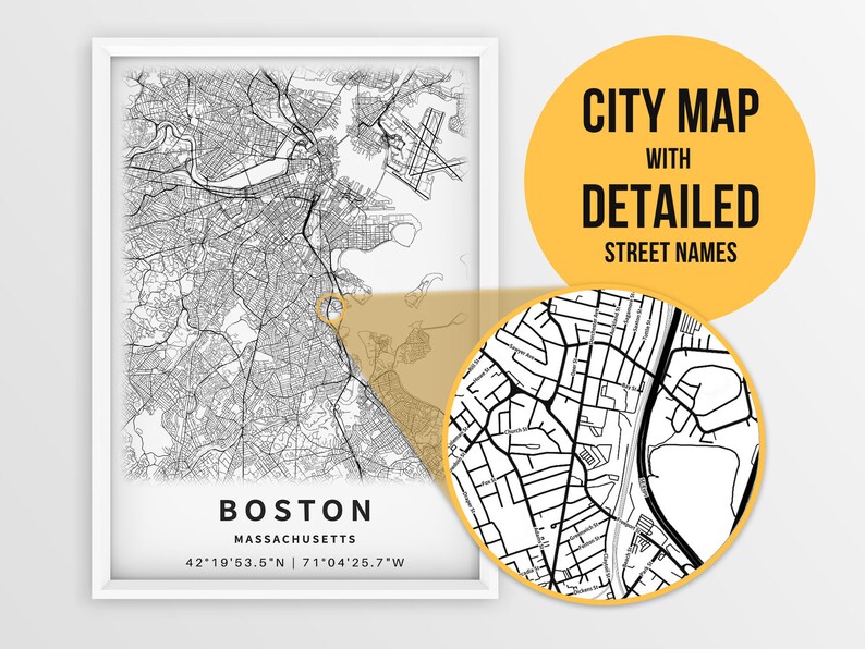 Printable Map of Boston Massachusetts United States With | Etsy