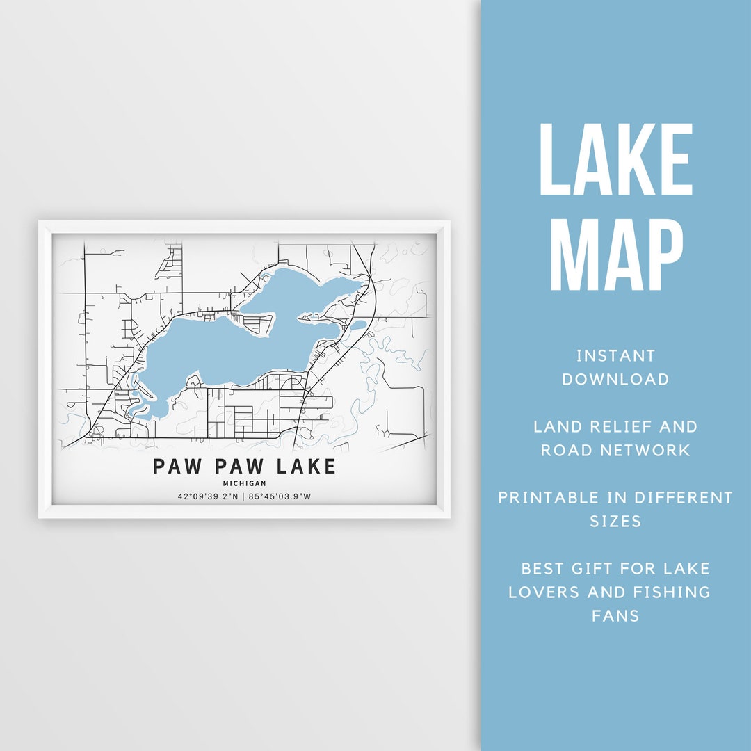 Printable Map of Paw Paw Lake, Michigan, US - Instant Download \ Lake ...