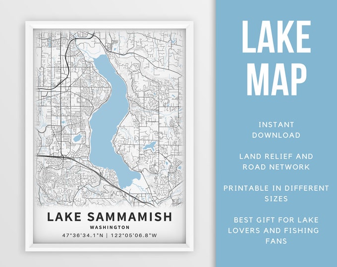 Lake Sammamish Washington Printable Map, Lake Sammamish Wall Art, Lake ...