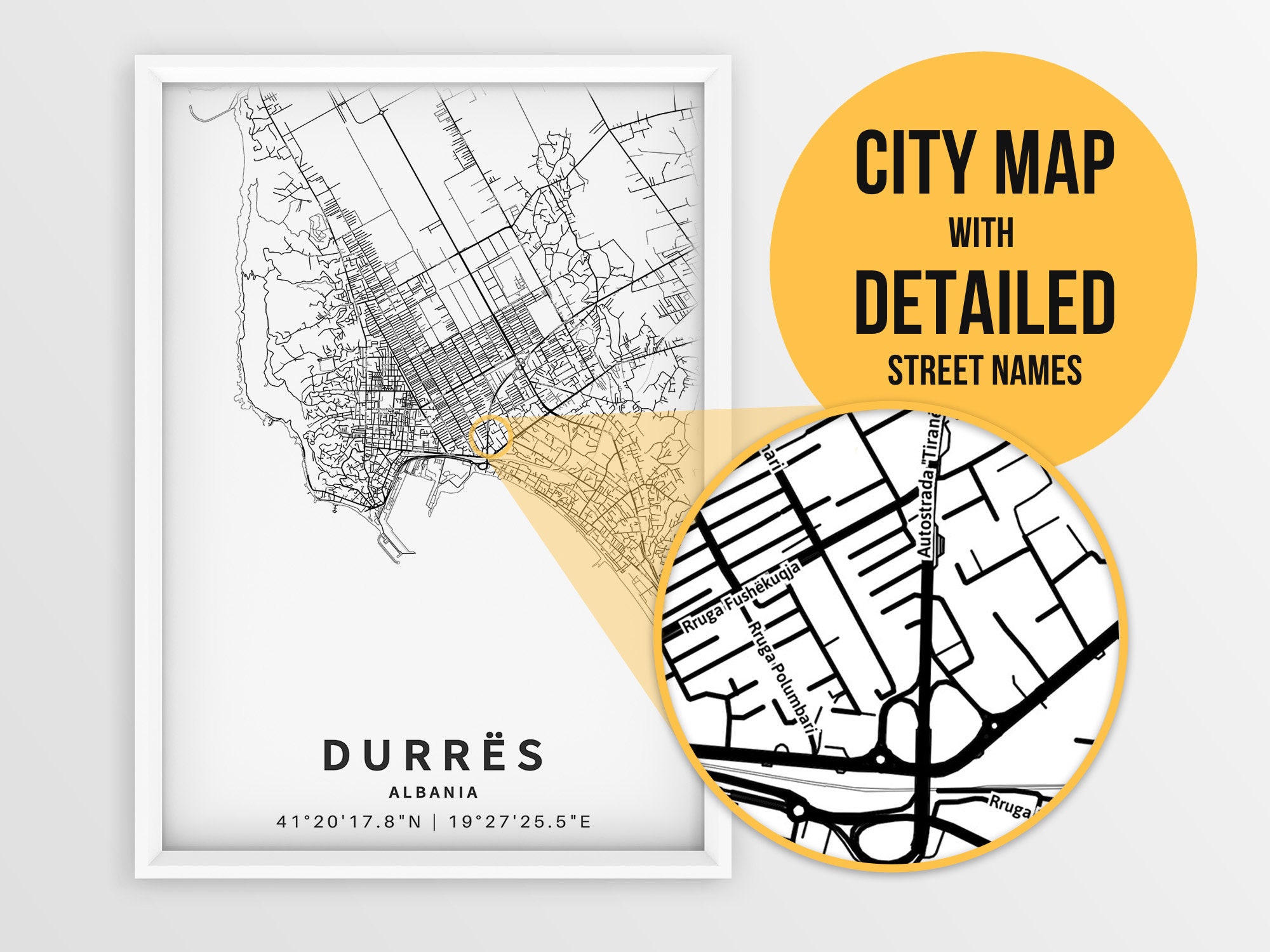 Mapa imprimible de Durrës Albania con nombres de calles - Etsy México