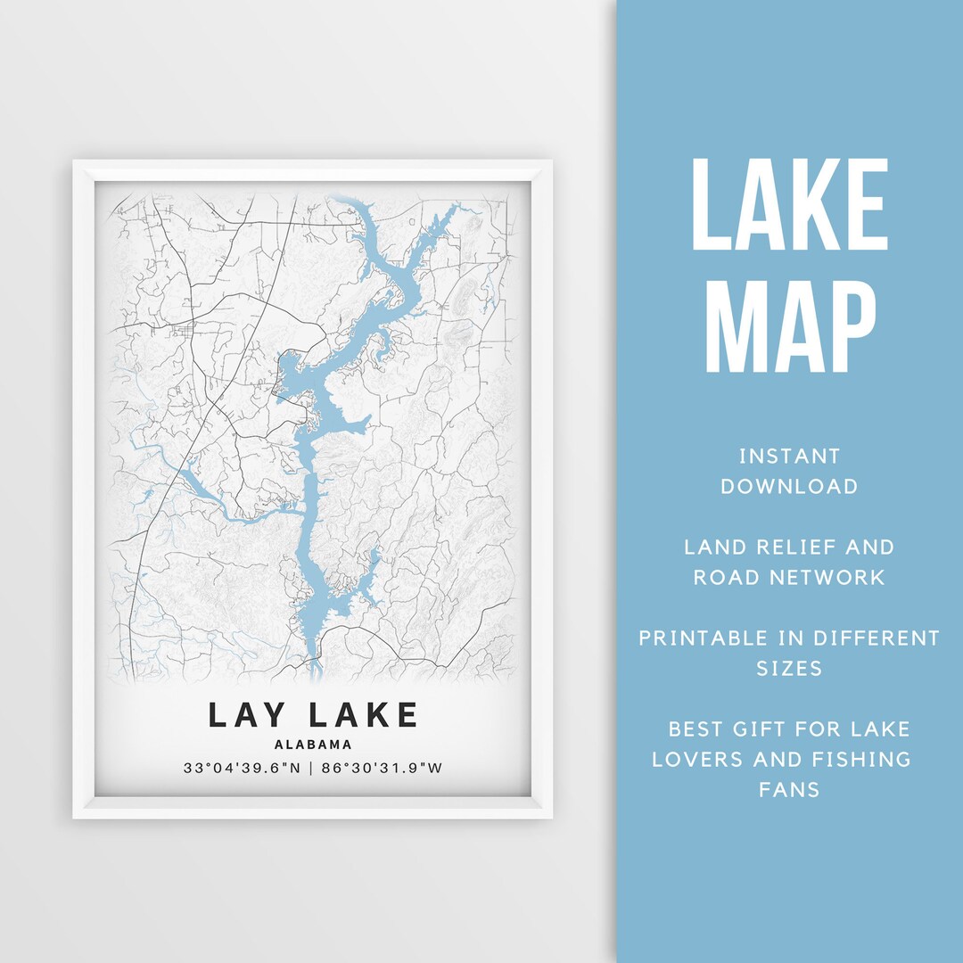 Printable Map Of Lay Lake Alabama Us Instant Download Lake Map Map Poster Lake House Decor