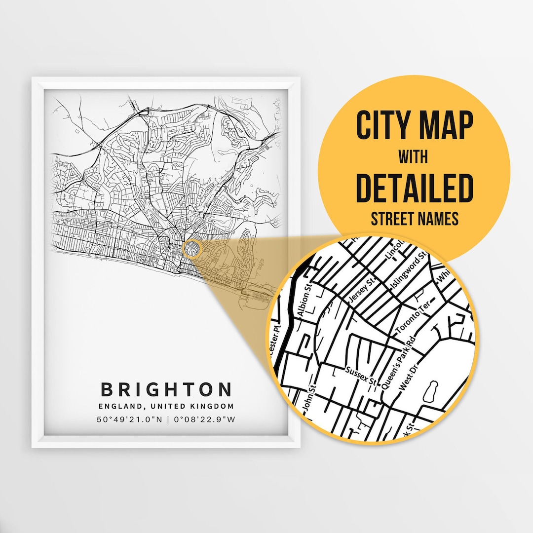 Printable Map of Brighton, England, UK With Street Names - Instant ...