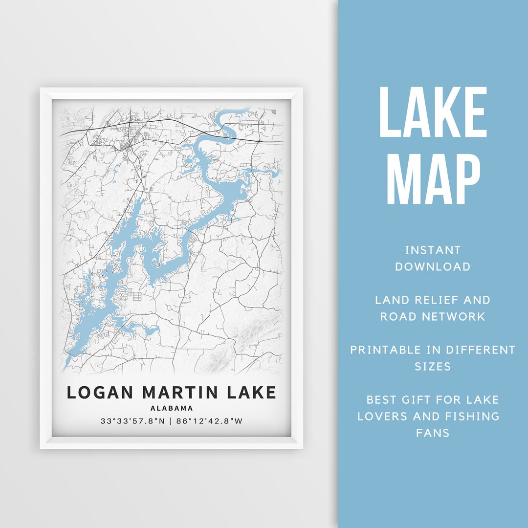 Printable Map of Logan Martin Lake, Alabama, US - Instant Download ...