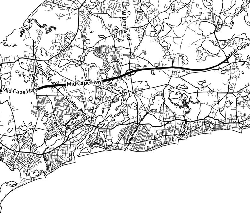 Cape Cod Map With Street Names, Printable Massachusetts City Poster ...